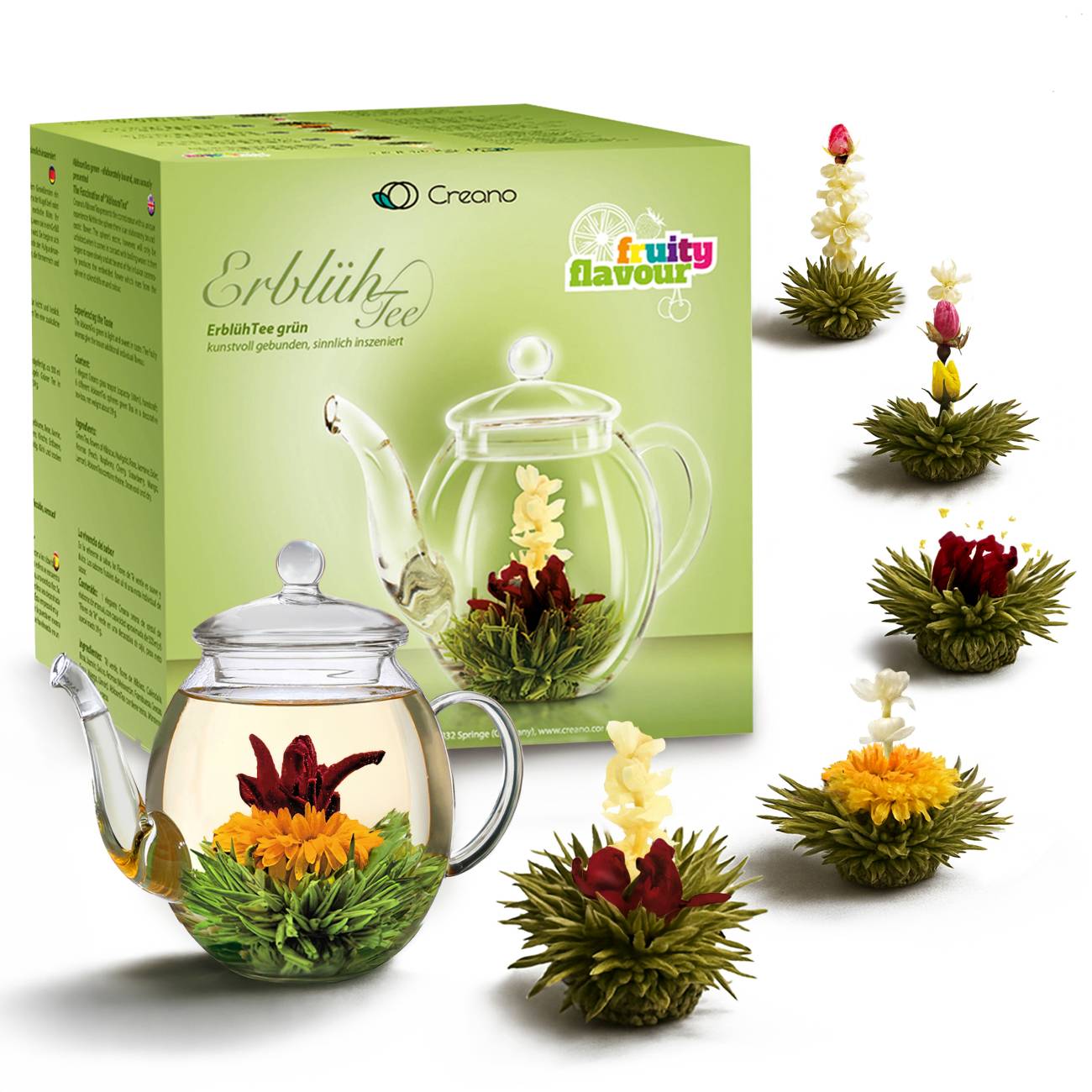 Creano Erblüh-Tee Set Grüntee & Glaskanne, 6er Mix