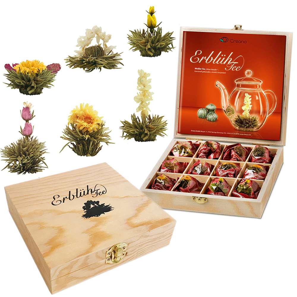 Creano Flowering Tea Gift Set in a Wooden Tea Box, 12 Flowering Teas i